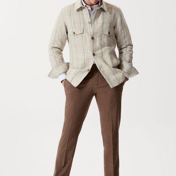 Beige shacket with navy checkered pattern | Tailor Store®